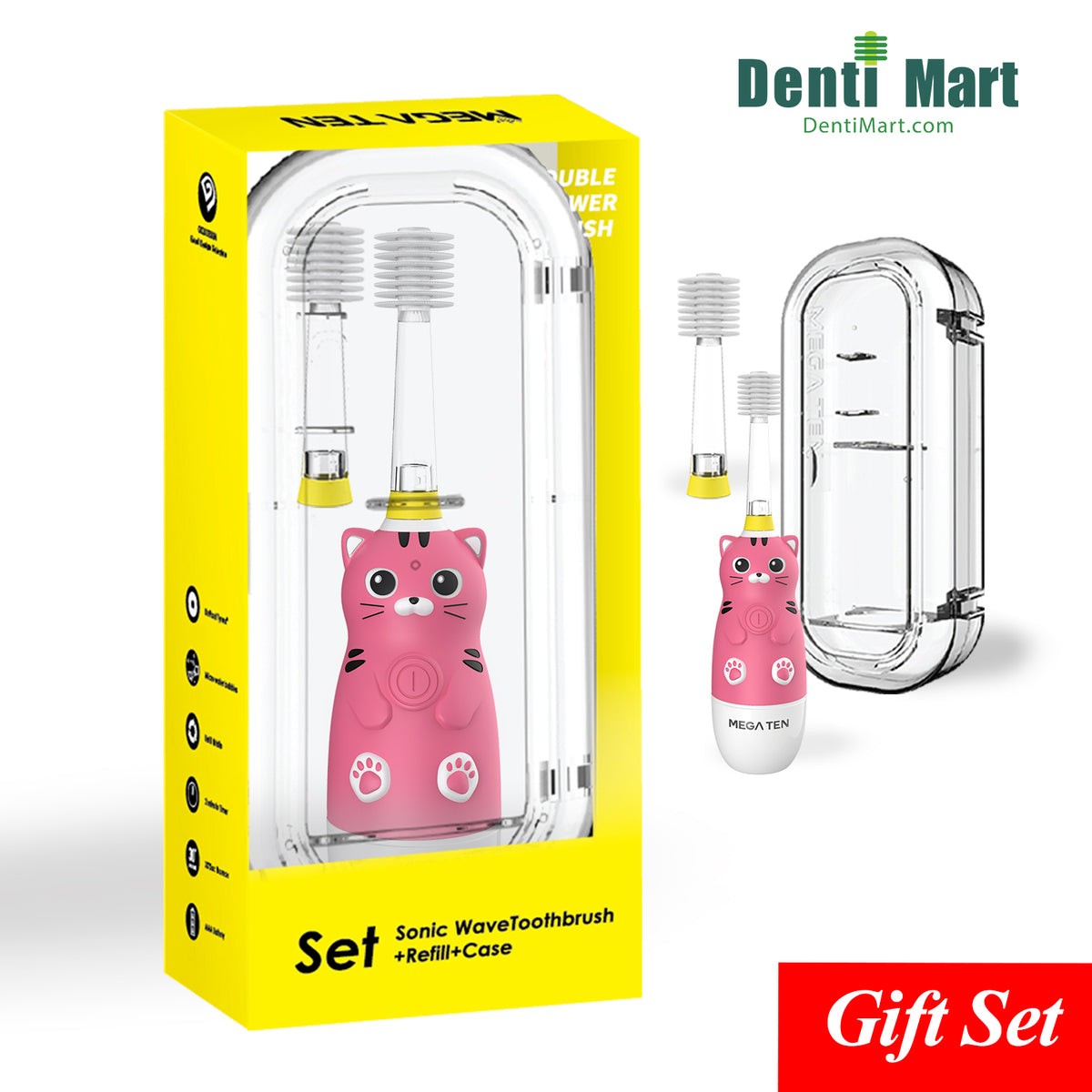 Mega Ten 360 Kids Sonic Toothbrush Gift Set Cat – Denti Mart